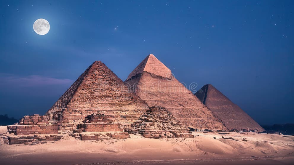Night Scene of the Great Pyramids of Giza Under a Full Moon Stock ...