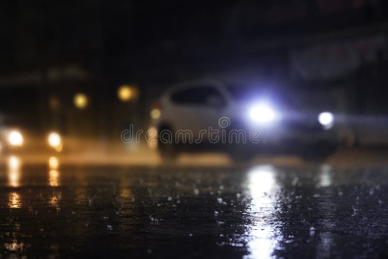 Night Scene of Hard Rain Fall in the City. Stock Image - Image of ...