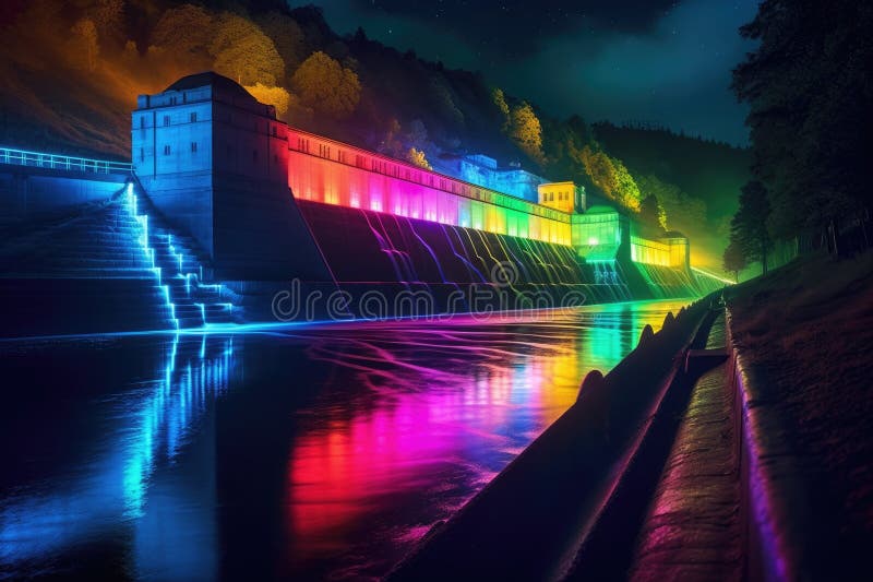 Night Scene of a Hydroelectric Dam Illuminated by Colorful Lights Stock ...