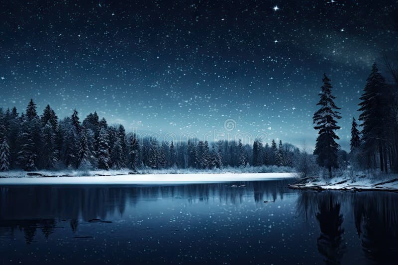 A Night Scene with a Lake and Trees Stock Photo - Image of moonlit ...