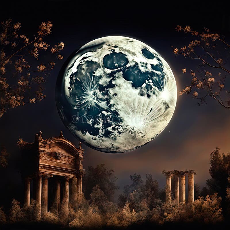 A Night Scene, a Landscape with a Huge Full Moon Over Ancient Ruins ...