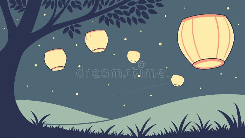 Night Scene with Lanterns, Peaceful Evening Setting Vector Design ...