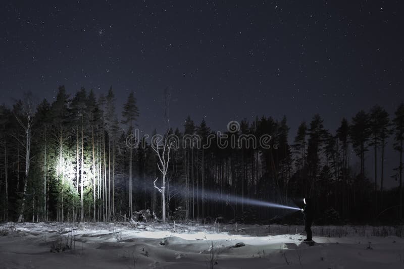 Night Scene, a Man Hiker with a Flashlight in the Forest in Winter ...