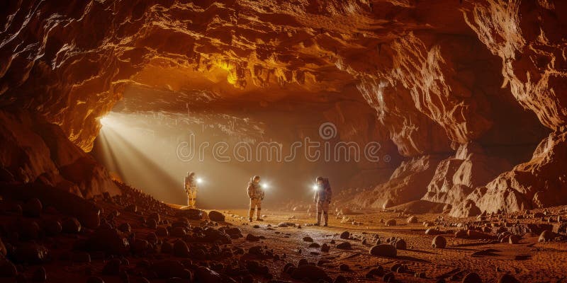 Night Scene on Mars with Astronauts Using Lights To Explore a Cavern ...