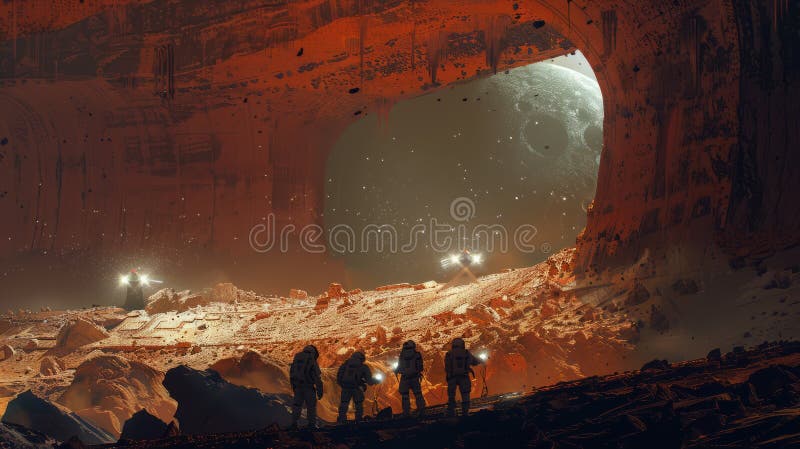 Night Scene on Mars with Astronauts Using Lights To Explore a Cavern ...