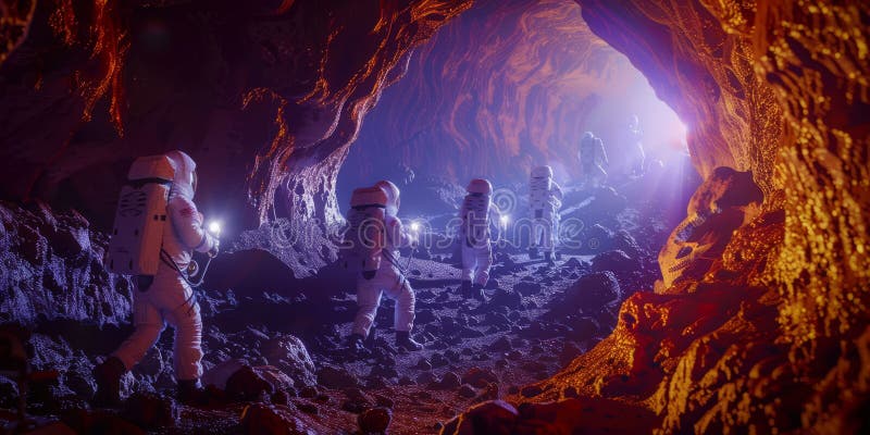Night Scene on Mars with Astronauts Using Lights To Explore a Cavern ...
