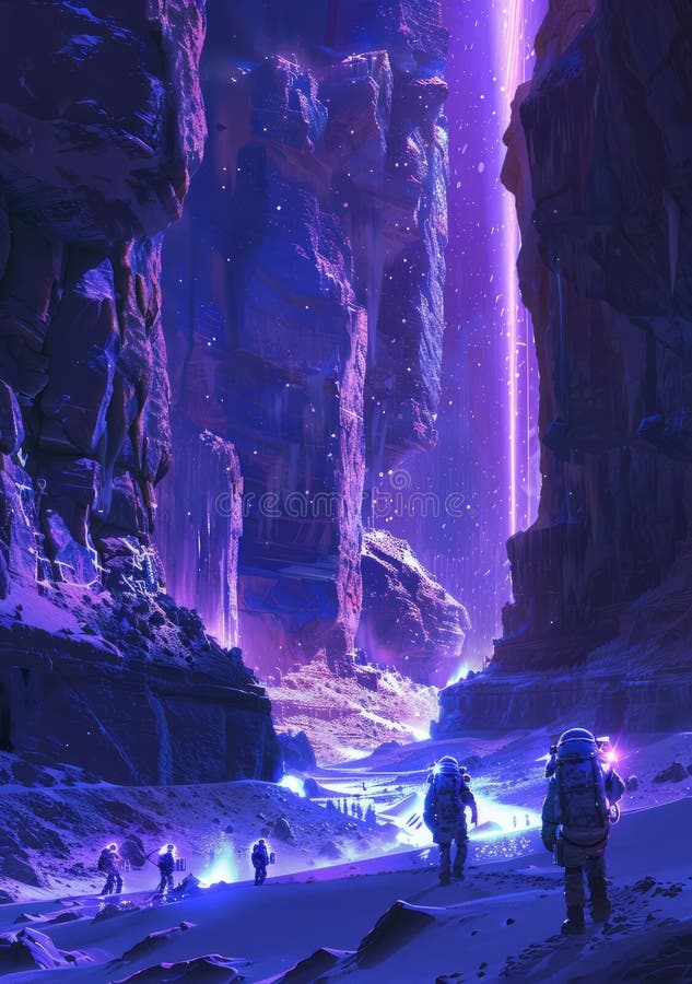 Night Scene on Mars with Astronauts Using Lights To Explore a Cavern ...