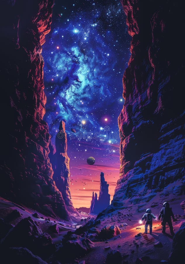 Night Scene on Mars with Astronauts Using Lights To Explore a Cavern ...