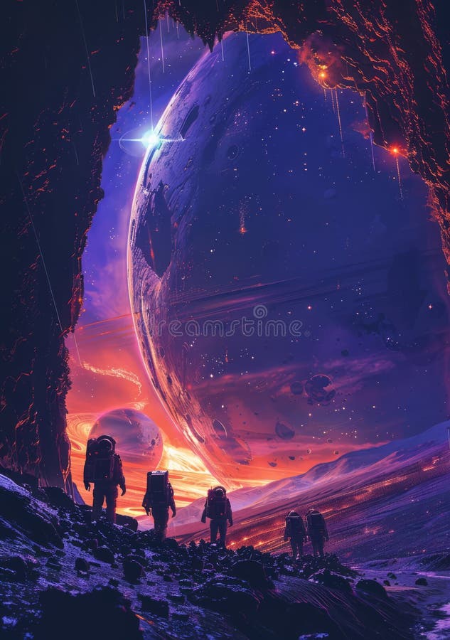 Night Scene on Mars with Astronauts Using Lights To Explore a Cavern ...