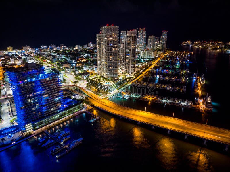 Night Scene Miami Beach Marina and Macarthur Causeway Stock Photo ...