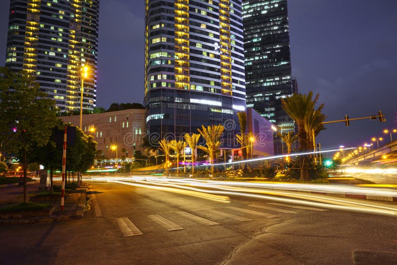 Night Scene of Modern City with Light Trails. Stock Photo - Image of ...