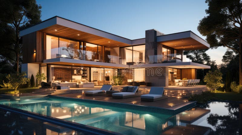 Night Scene of Modern Luxurious House with Swimming Pool Stock ...