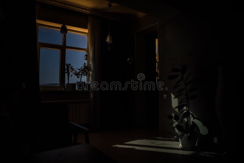 Night Scene of Moon Seen through the Window from Dark Room. Moonlight ...