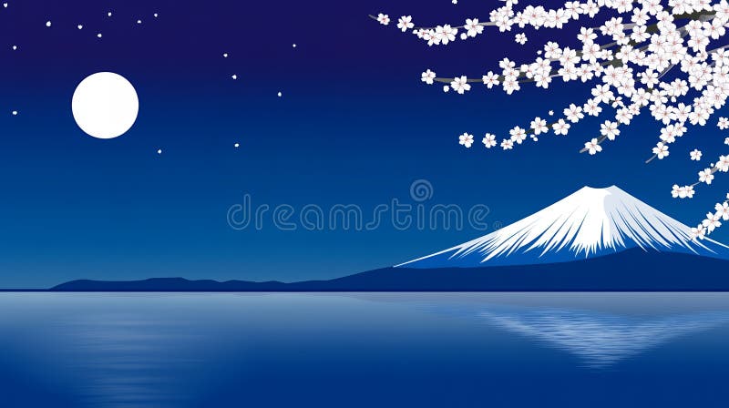 Night Scene with Mount Fuji Cherry Blossoms and a Full Moon Reflecting ...