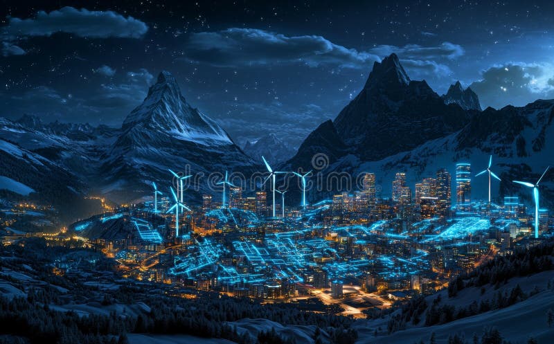 A Night Scene in a Mountainous Area Featuring Glowing Wind Turbines and ...