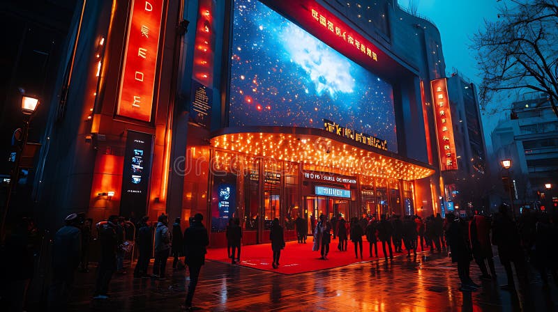 Night Scene of Movie Premiere with Crowd on Red Carpet Stock ...