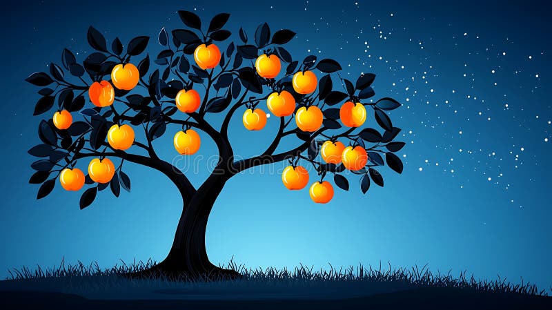 Night Scene of an Orange Tree Laden with Fruit Under a Starry Sky Stock ...