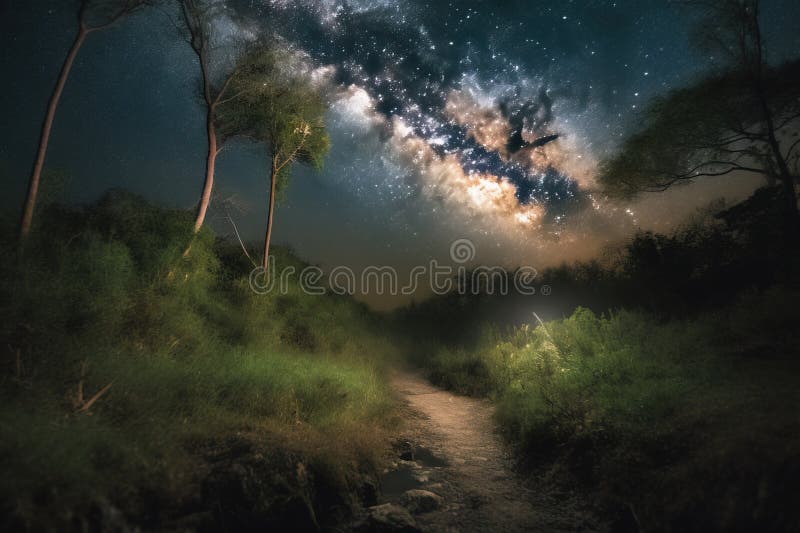 A Night Scene with a Path Leading To a Forest with Stars in the Sky ...