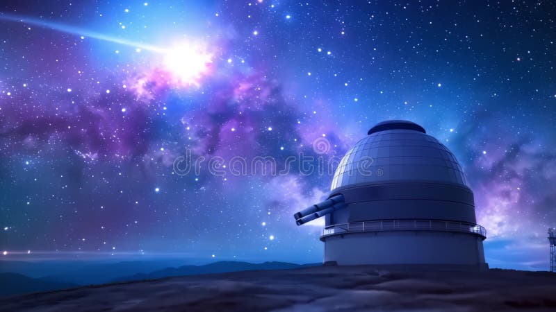 Night Scene of Remote Mountain Observatory with Dome and Telescope ...