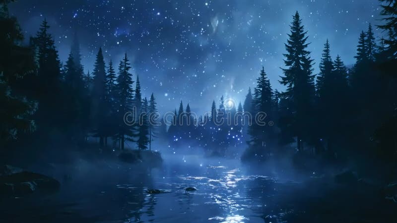 Night Scene of a River Flowing through a Misty Forest Under a Starry ...