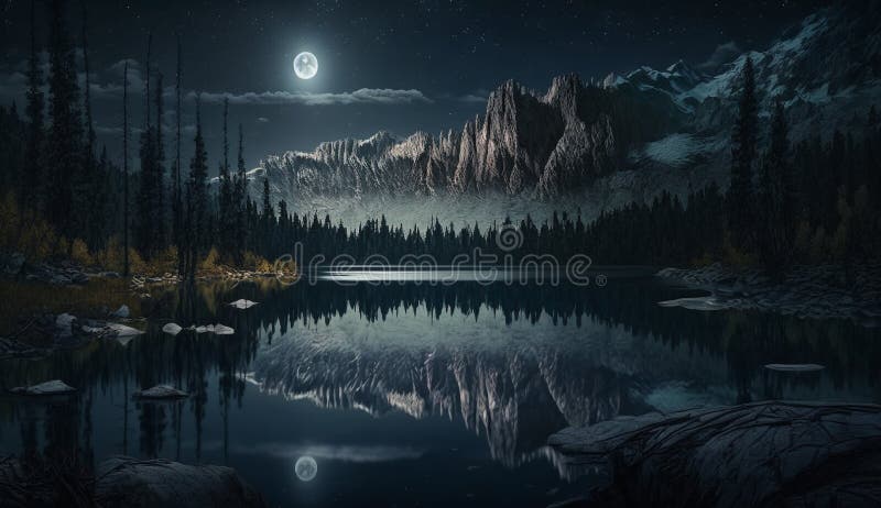 Night Scene in the River with Moonlight and Trees Stock Illustration ...