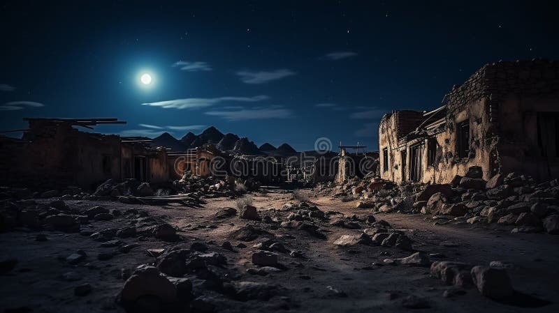 Night Scene of Ruins of an Ancient City Illuminated by Moonlight. AI ...