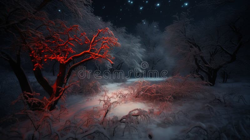 A Night Scene of a Snowy Forest with a Red Light Stock Illustration ...