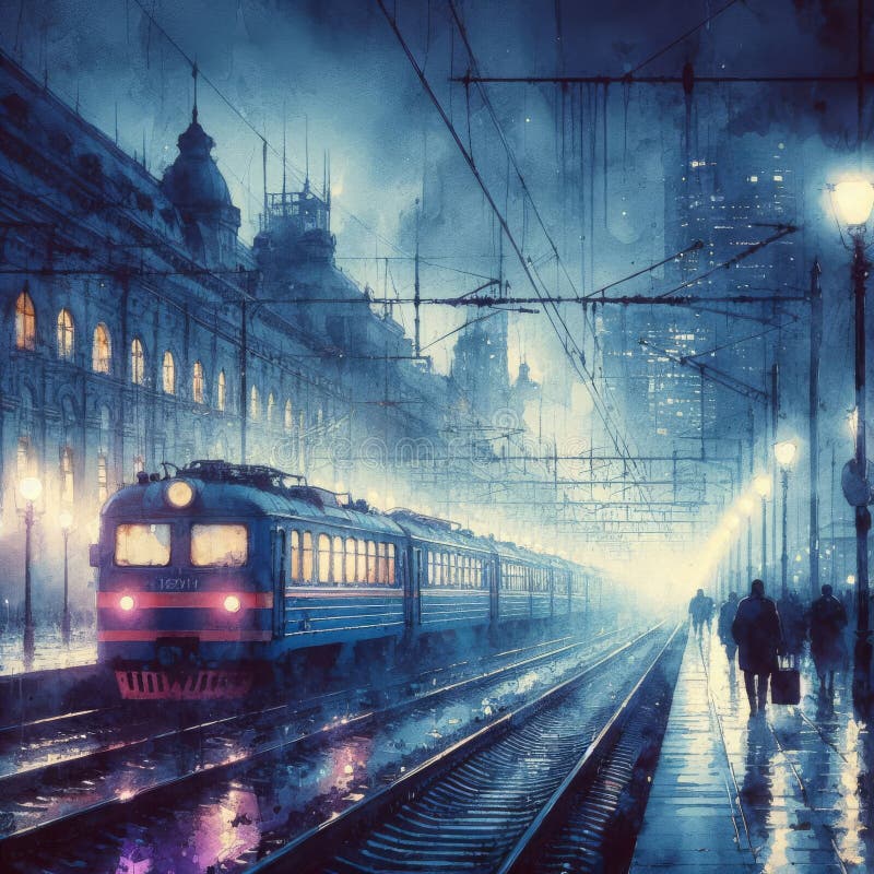 Midnight Rain at Soviet Platform Stock Illustration - Illustration of ...
