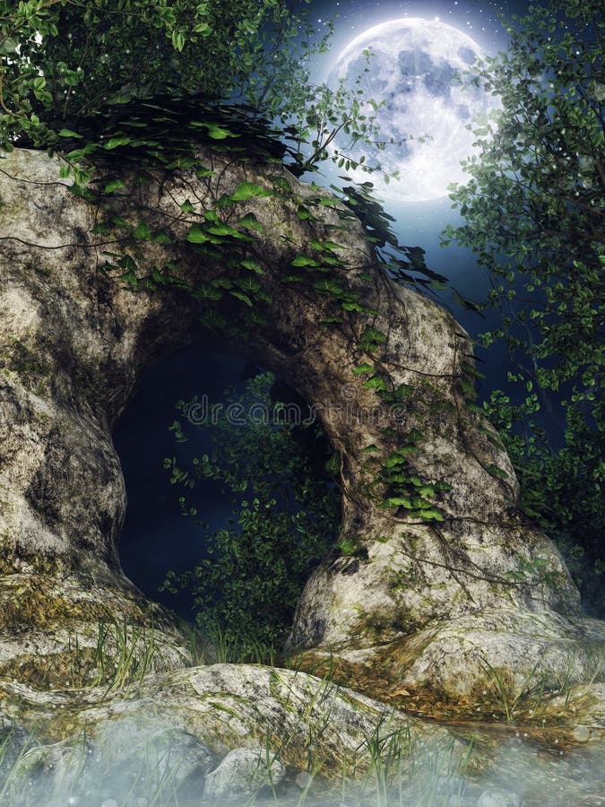 Night Scene with a Stone Arch with Vines and Green Trees Stock ...