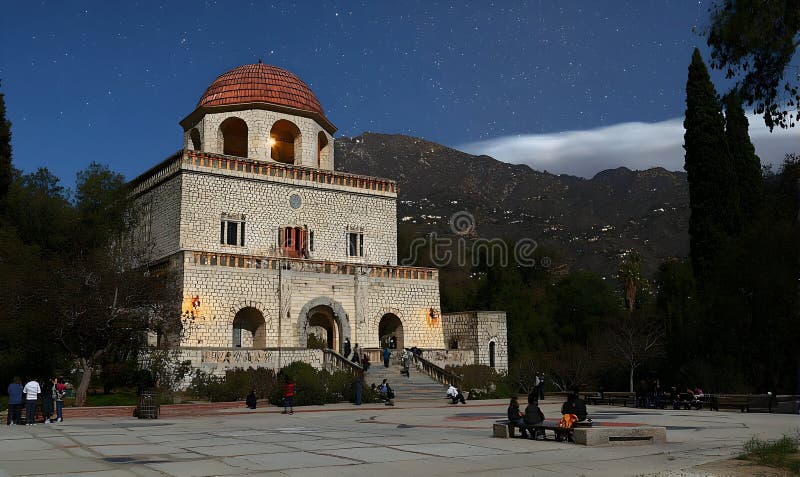 Night Scene at a Stone Building with Mountain Backdrop Under Starry Sky ...