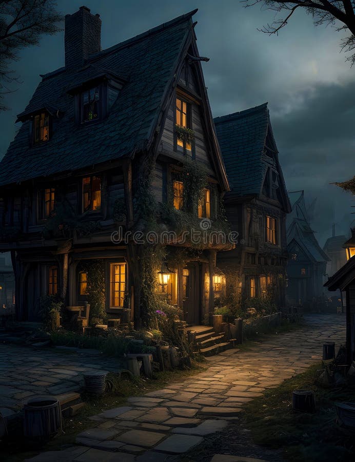 Night Scene of a Street in Rustic Medieval Old Town Stock Illustration ...