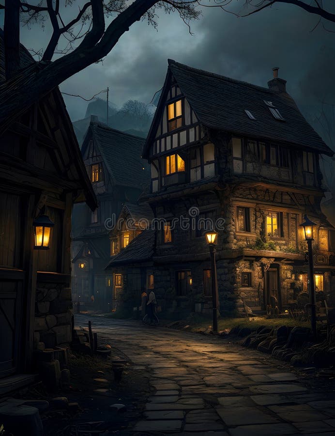 Night Scene of a Street in Rustic Medieval Old Town Stock Illustration ...