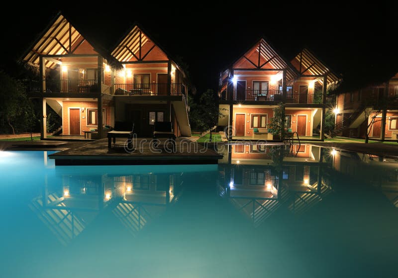 Night Scene with Swimming Pool and Houses Stock Photo - Image of cosy ...