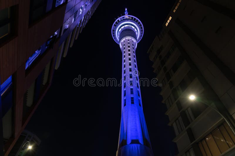 Night Scene Tall Circular Tower Illuminated Blue Viewed through Strings ...