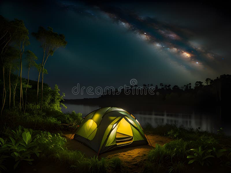 A Night Scene of Tent and Camping Tent with Trees in the Forest. the ...