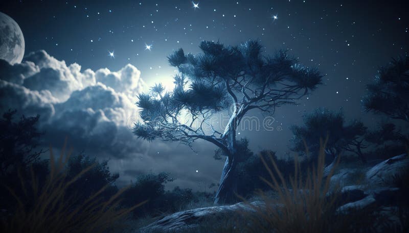 A Night Scene with a Tree and a Full Moon in the Sky with Clouds and ...