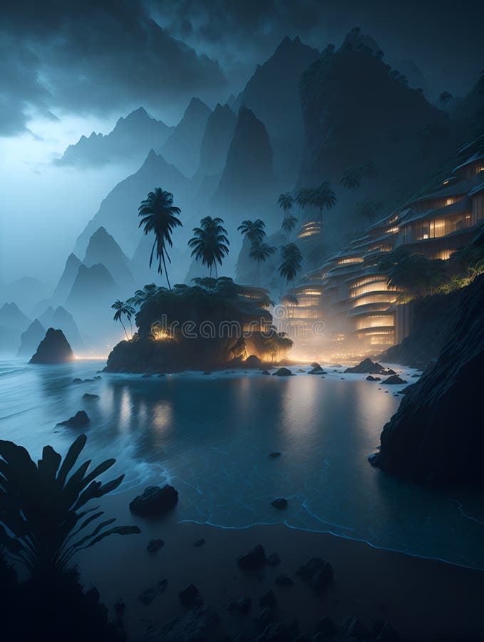 A Night Scene of a Tropical Island with Palm Trees Stock Illustration ...