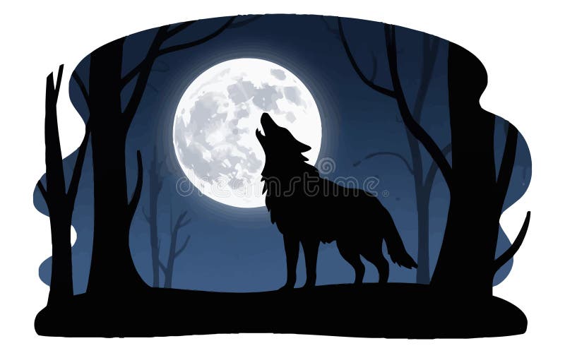 Night Scene: Wolf Howling at the Moon among Trees Stock Vector ...
