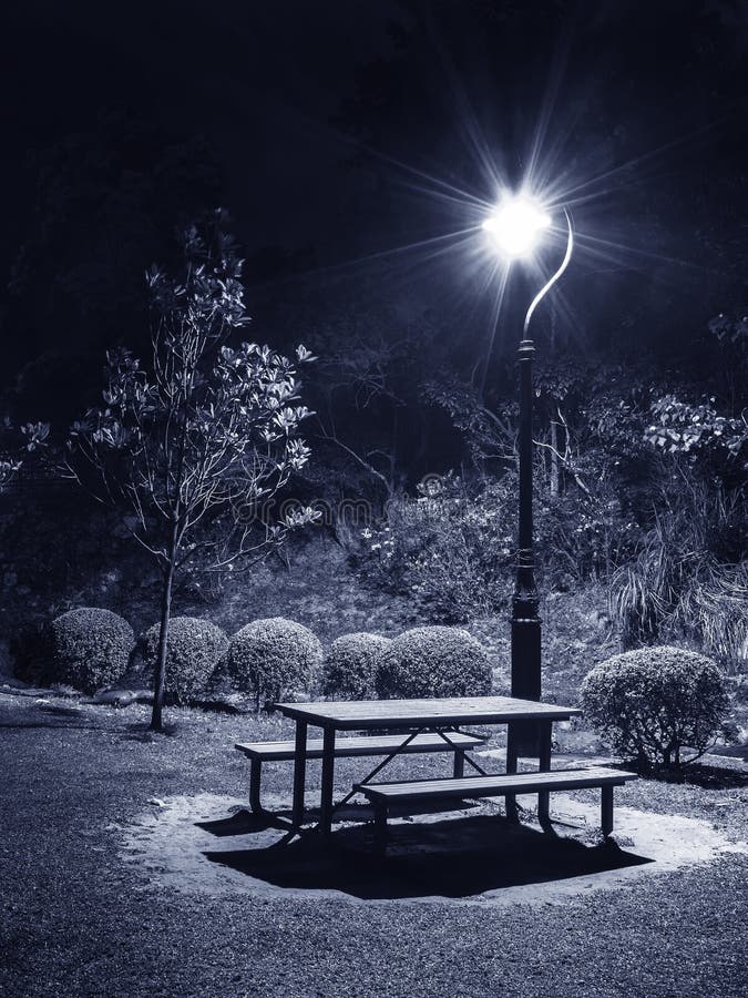 Night Scenery of Bench, Picnic Table and Street Light in Park Stock ...