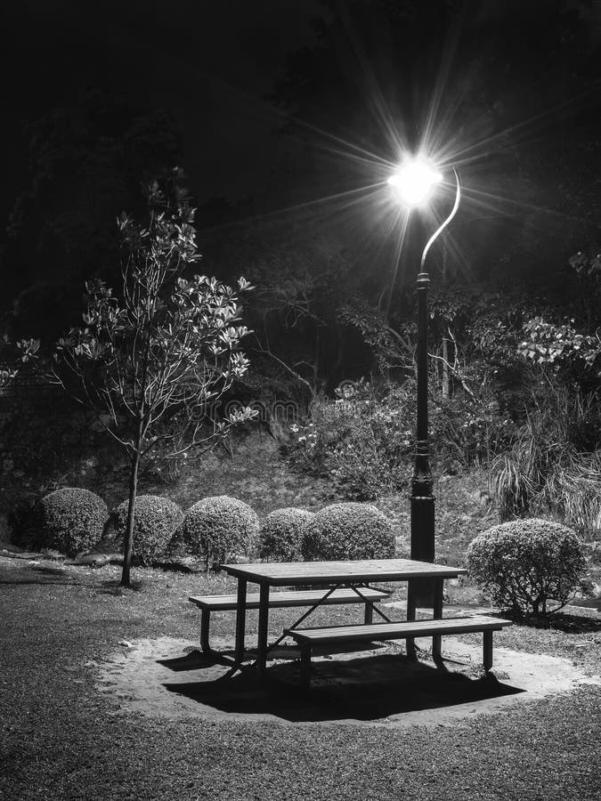 Night Scenery of Bench, Picnic Table and Street Light in Park Stock ...