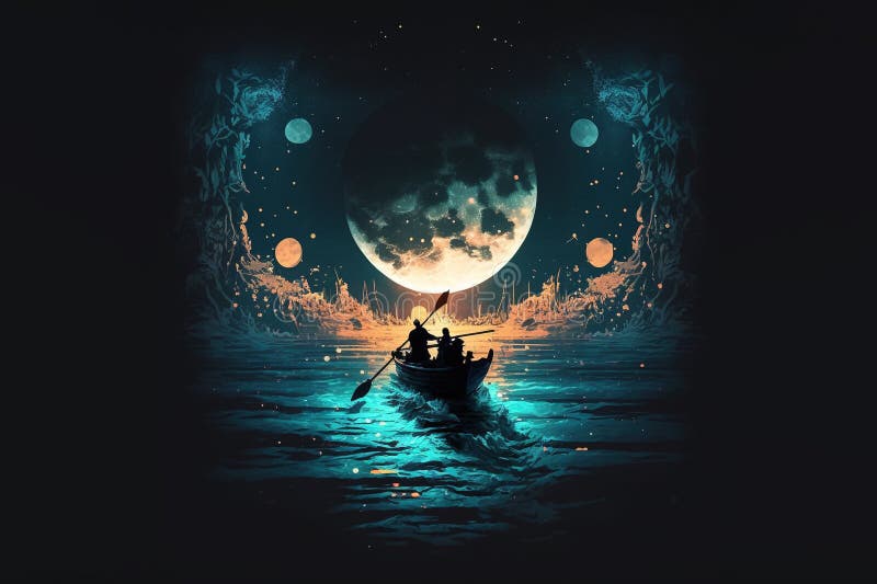 Night Scenery of a Couple Rowing a Boat. Stock Illustration ...