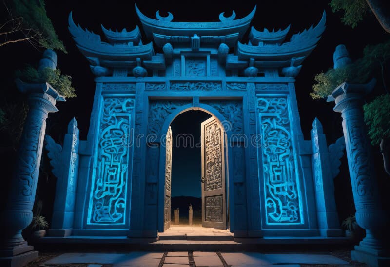 Night Scenery with a Fantasy Temple Gate and Torches Stock Illustration ...