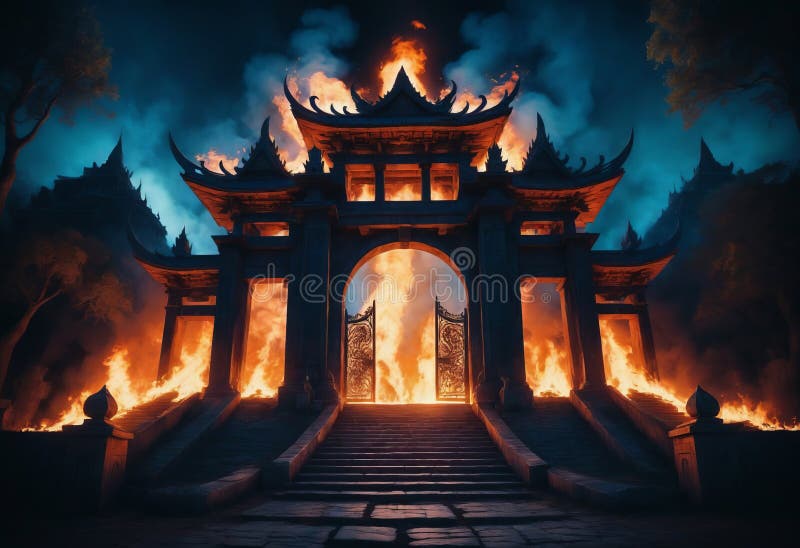 Night Scenery with a Fantasy Temple Gate and Torches Stock Illustration ...
