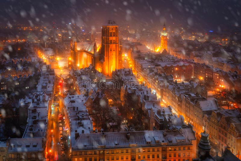Night Scenery of the Main Town of Gdansk during Snowfall, Poland Stock ...
