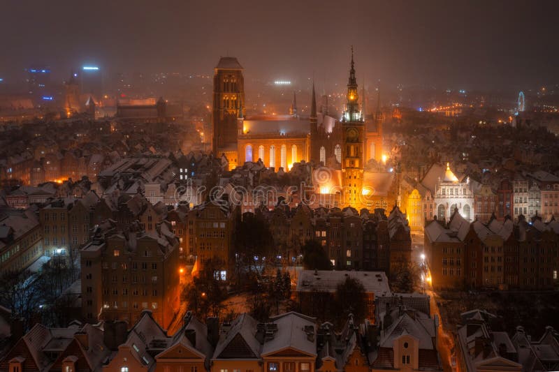 Night Scenery of the Main Town of Gdansk after the Snowfall, Poland ...