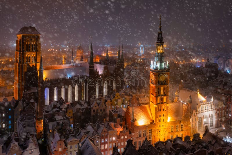 Night Scenery of the Main Town of Gdansk during Snowfall, Poland Stock ...