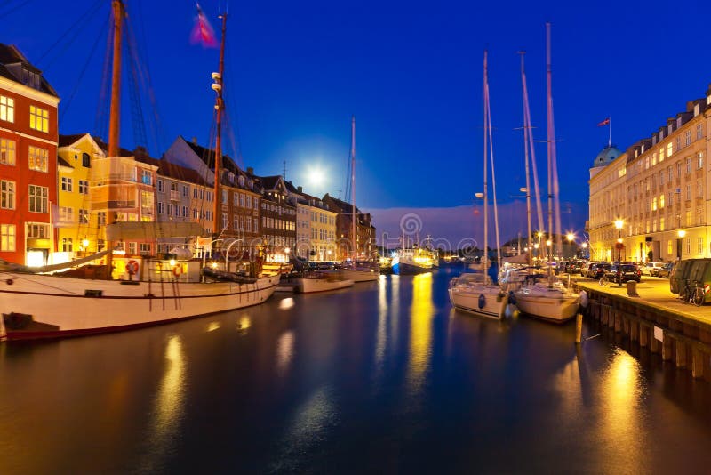 Night Scenery of Nyhavn in Copenhagen, Denmark Stock Photo - Image of ...
