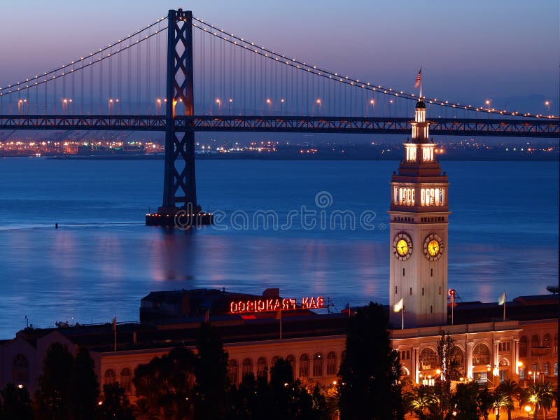 The Night Scenes of Ferry Building & Bay Bridge Stock Photo - Image of ...