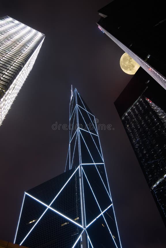 Night Scenes of Modern Skyscraper with Moon Stock Image - Image of ...