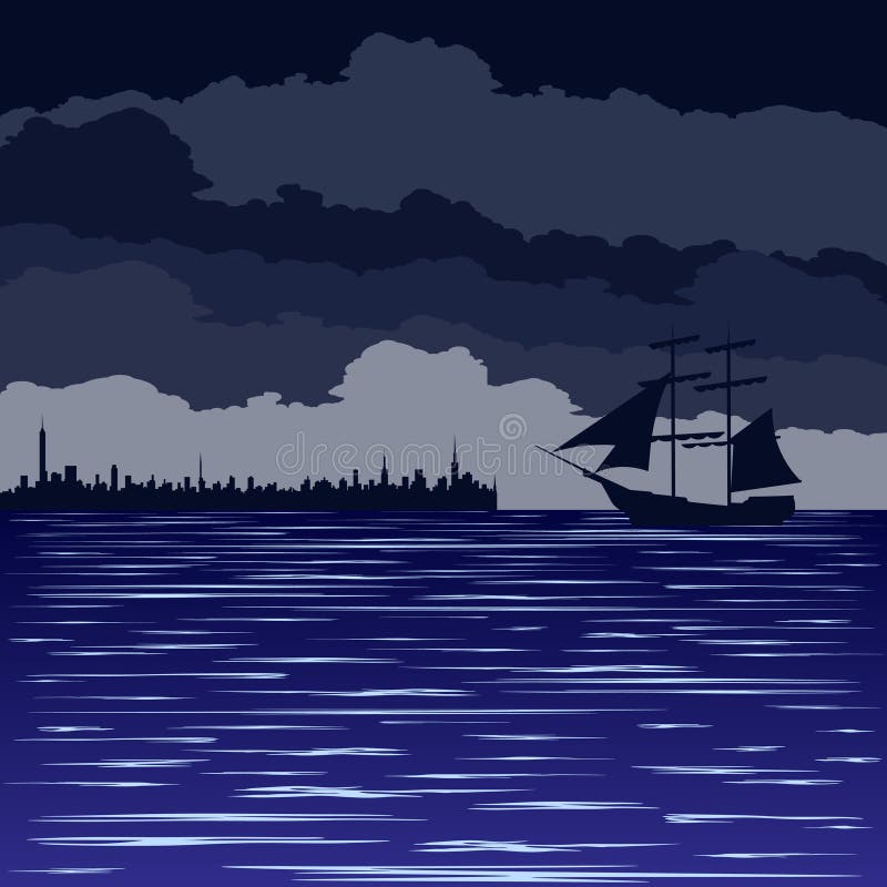 Night at sea stock vector. Illustration of boat, drawing - 26799647